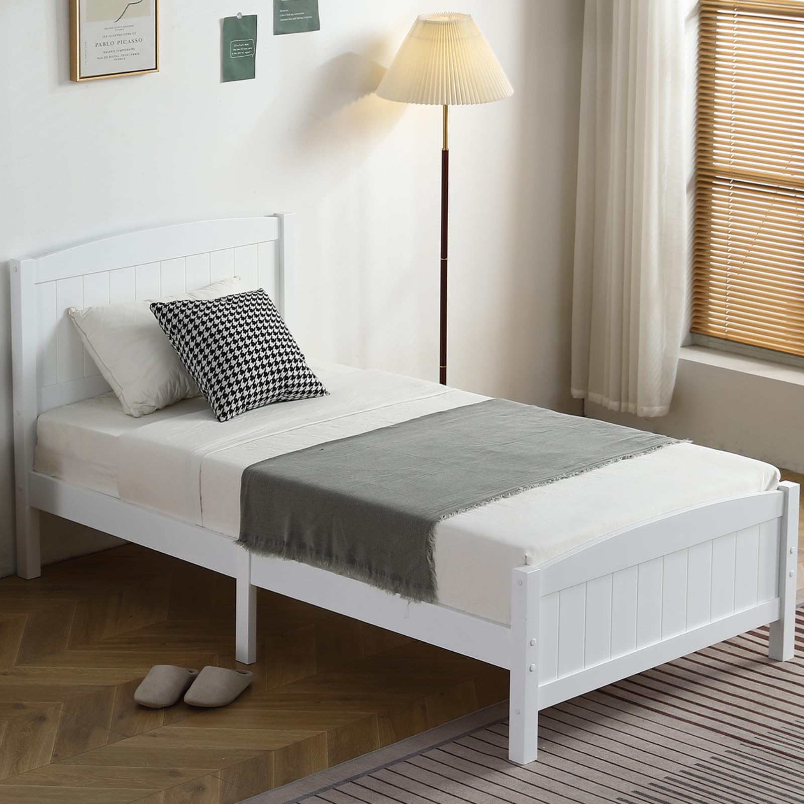 Karl home Wood Bedframe Twin Bed Frame with Headboard Bedroom Platform Bed with Footboard, 12 Wood Slat Support, No Box Spring Needed, White