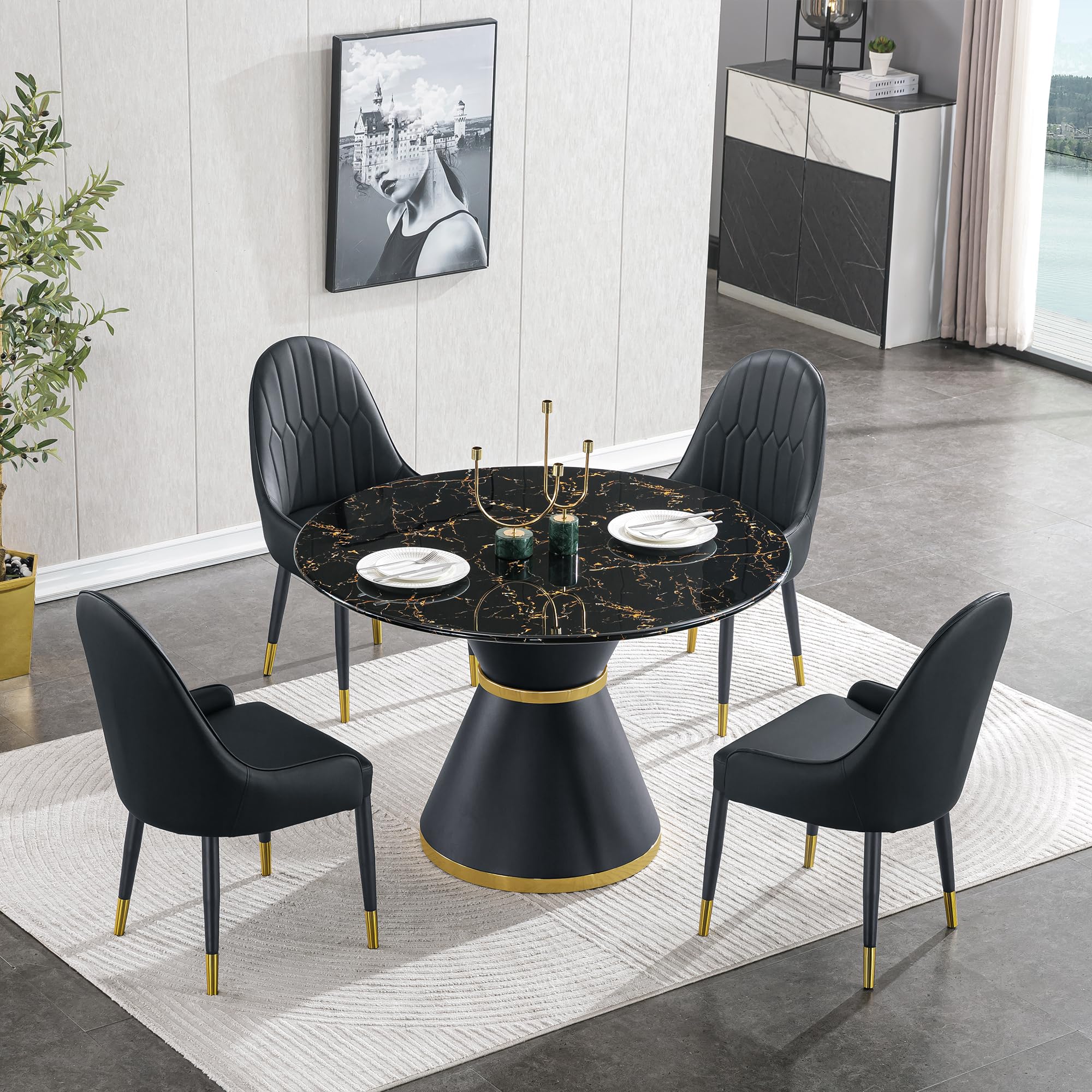 5-Piece Dining Table Set, Compact Modern Table & Chair Set for Home, Apartment w/ 4 PU Learther Dining Chairs, 47'' Round Dining Table with Faux Marble Tabletop (Black Table+4 Black Chairs)