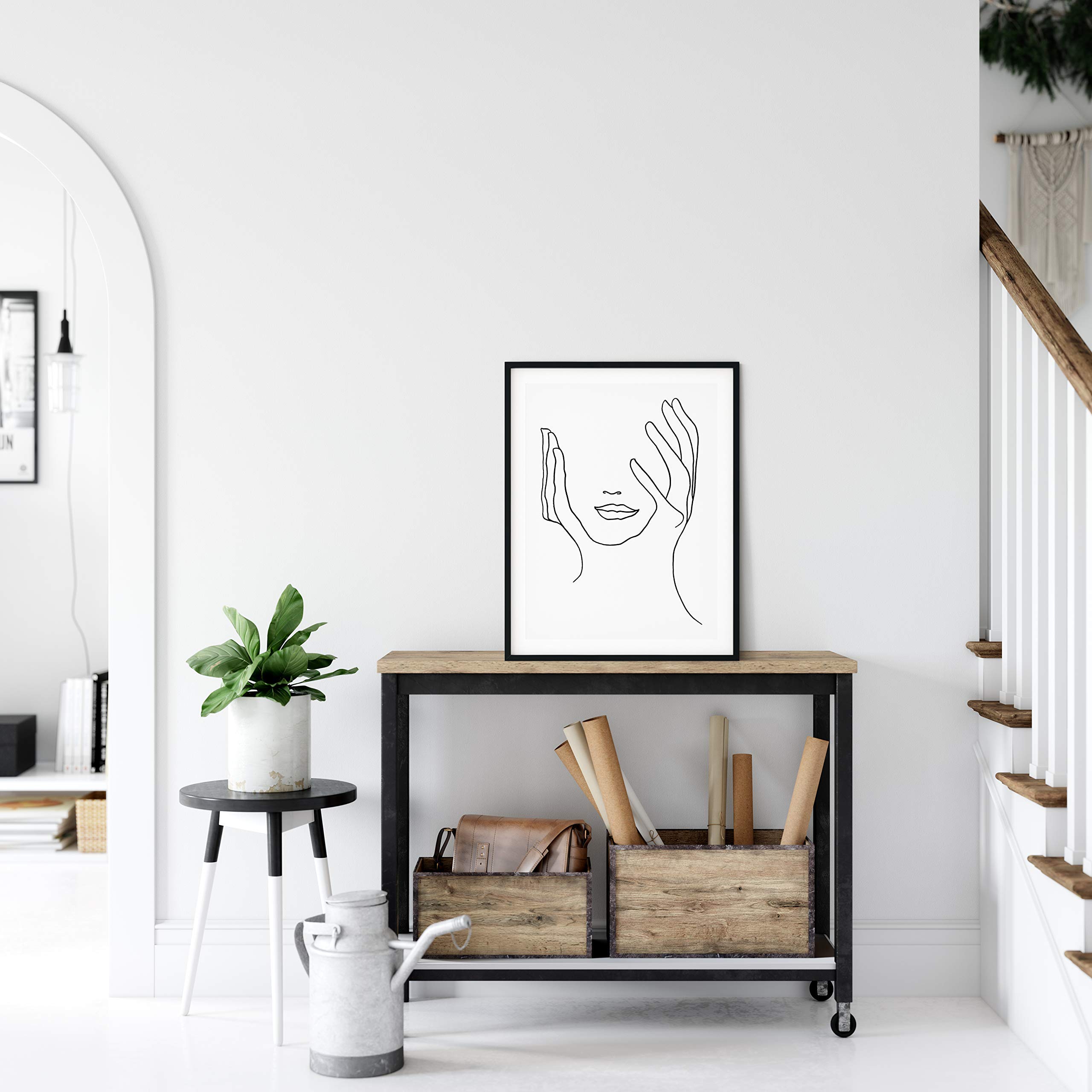 Abstract Minimalist Line Wall Decor - 11x14" UNFRAMED Print - Modern, Minimal, Black And White Drawing - Female Face And Hands Silhouette Wall Art