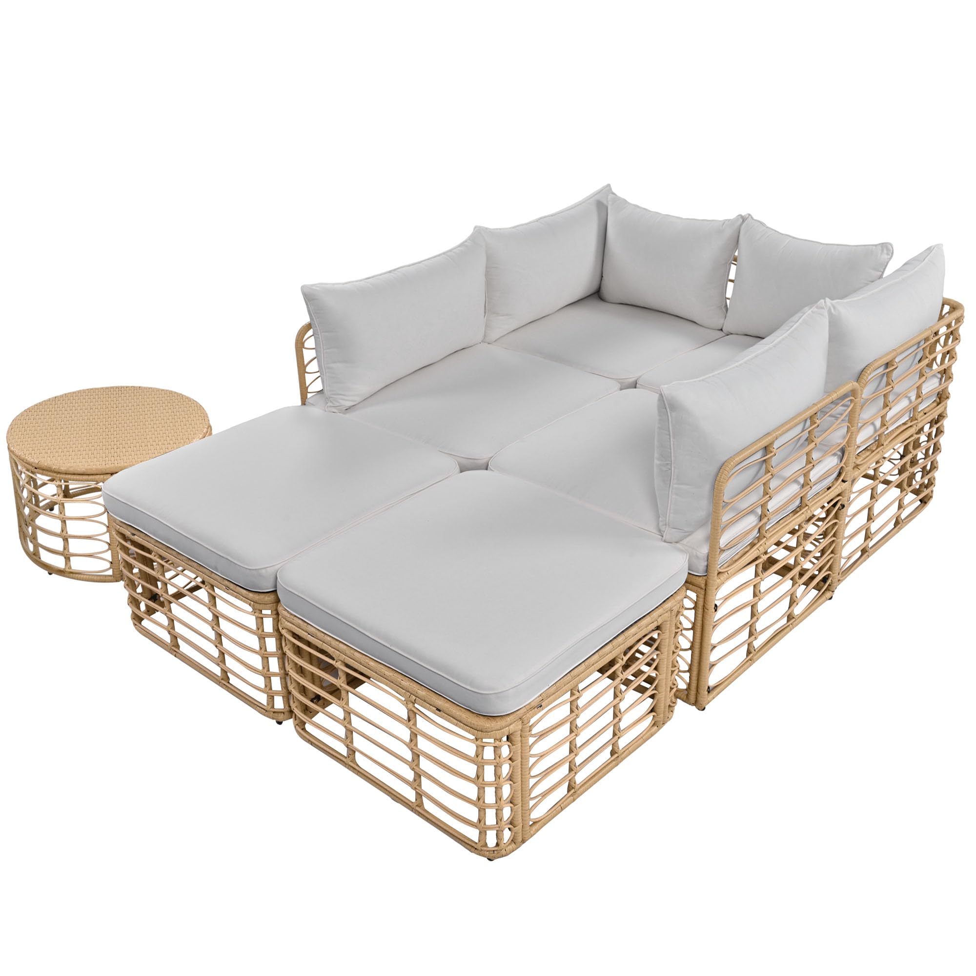 7 Pieces Outdoor Patio Furniture Sectional Sofa Set with Coffee Table, All-Weather Rattan Conversation Set with Thick Cushions and Pillows for Garden Backyard Balcony, Freely Combined (Grey-7S)