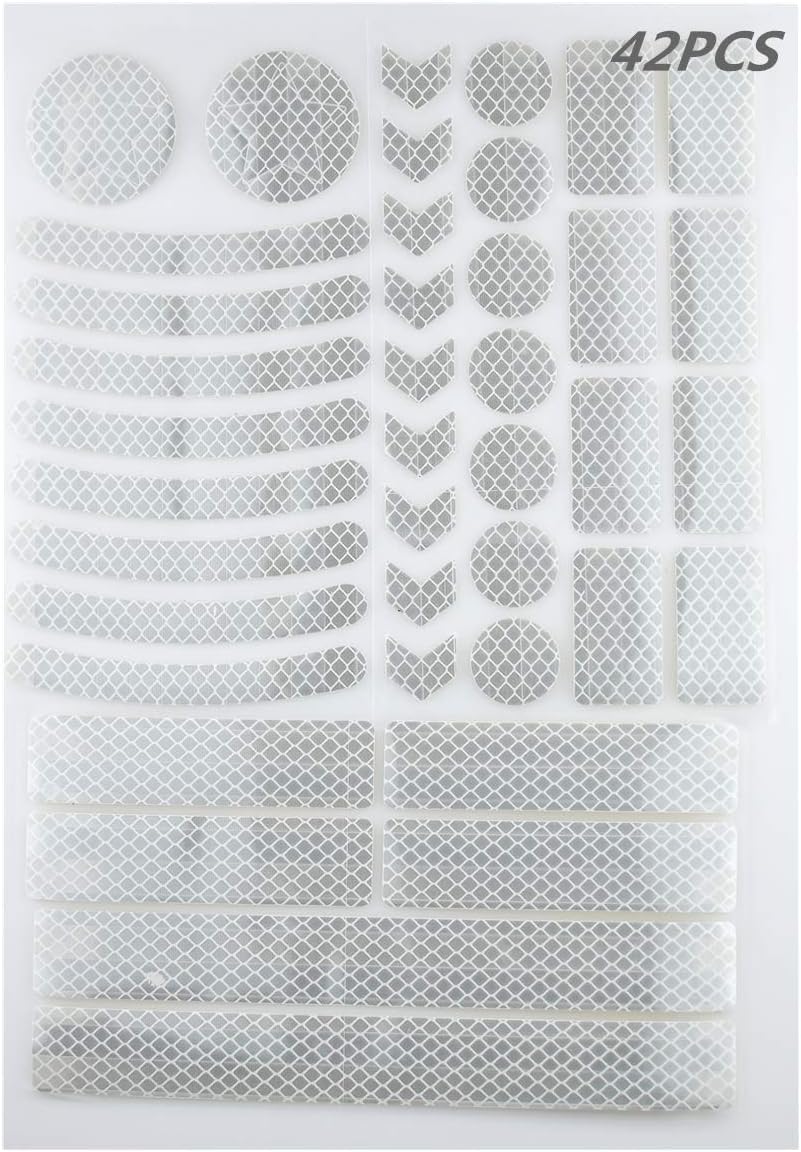 42Pcs Reflective Stickers, Reflective Helmet Bicycle Stickers， Reflective Decals, BikeReflective Tape, NightSafety StickersforBicycle, Wheelchairs, Motorbike, Helmet, Scooter (White)