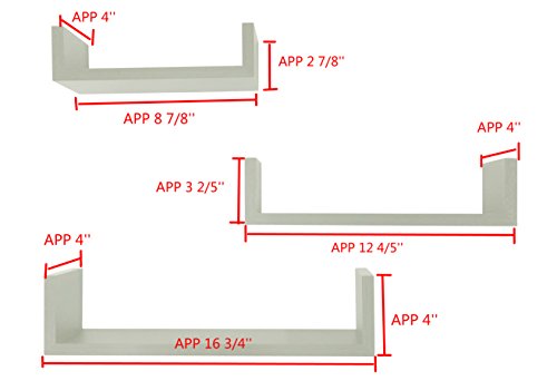 EWEI'S HomeWares 3 Floating U Shelves,8.5" D x 17.9" W x 4.6" H, White