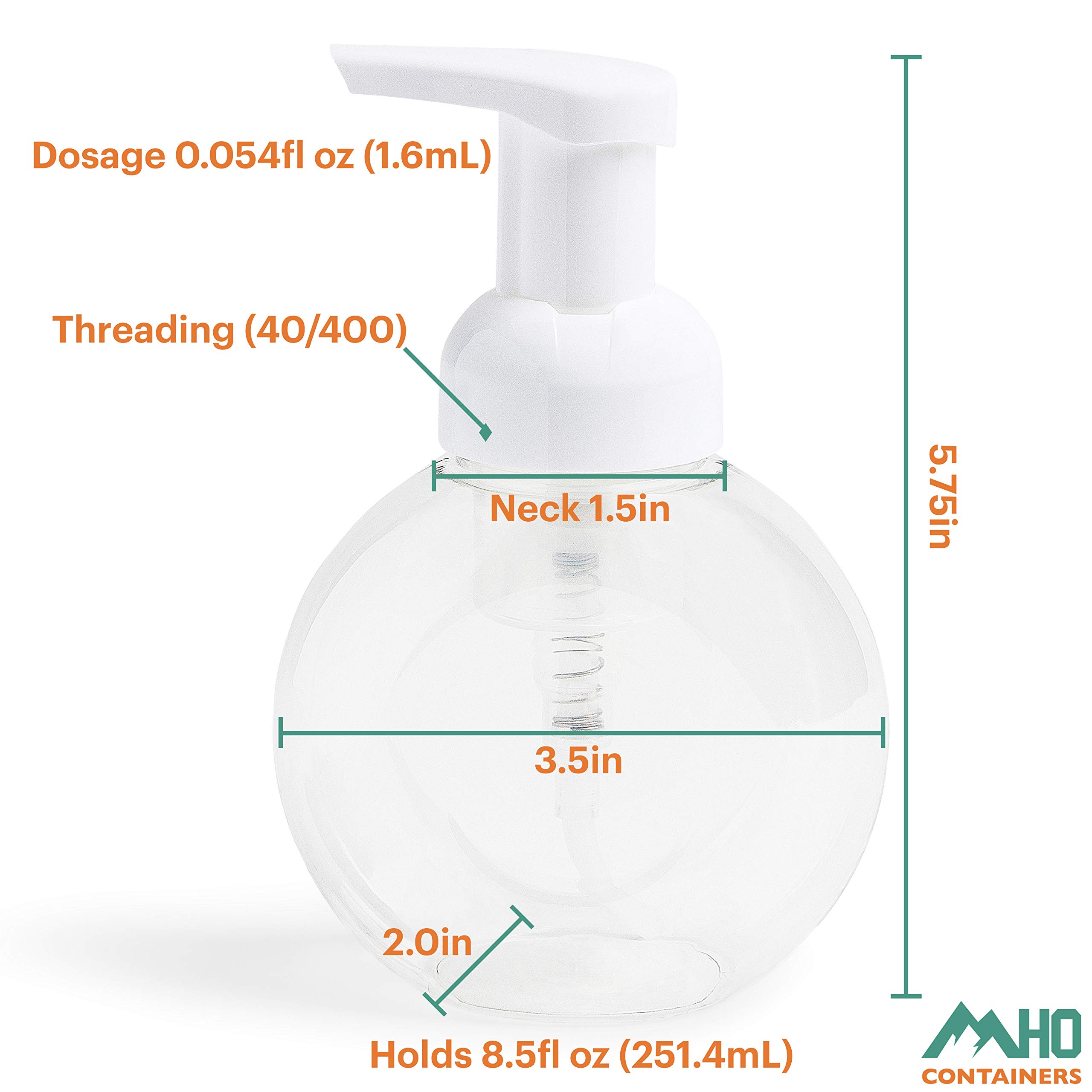 MHO Containers | Clear Foaming Soap Dispenser with White Pump Locking Mechanism BPA/Paraben Free PET Plastic 250mL/8.5fl oz - Set of 4
