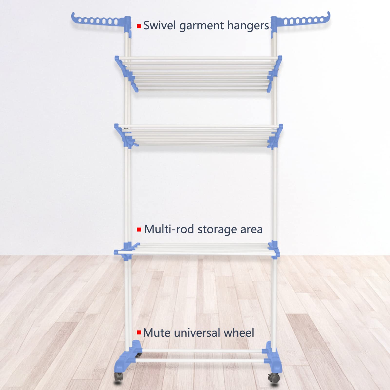 TOLUON Clothes Drying Rack, Movable Drying Rack with 4 castors, 3 Tier Clothes Horses Rack, Laundry Garment Dryer Stand with Two Side Wings for Home (Grey)