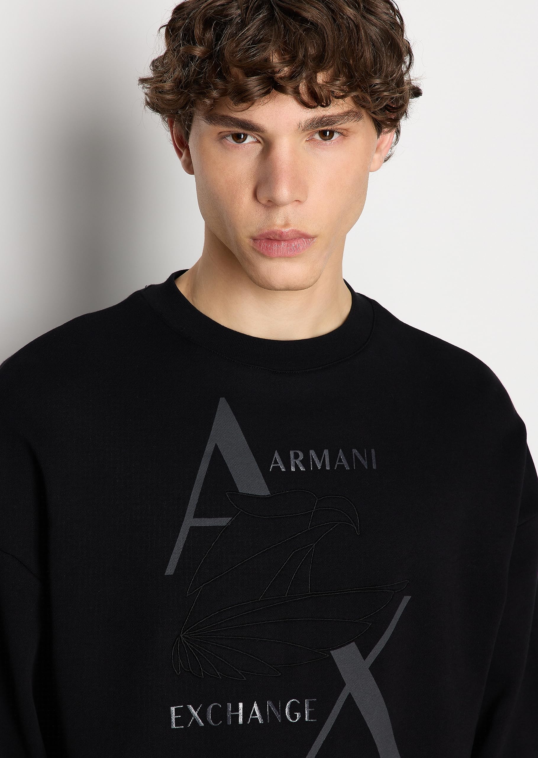 A | X ARMANI EXCHANGE Men's Cotton Fleece Tonal Eagle Logo Pullover Sweatshirt, Black, XL