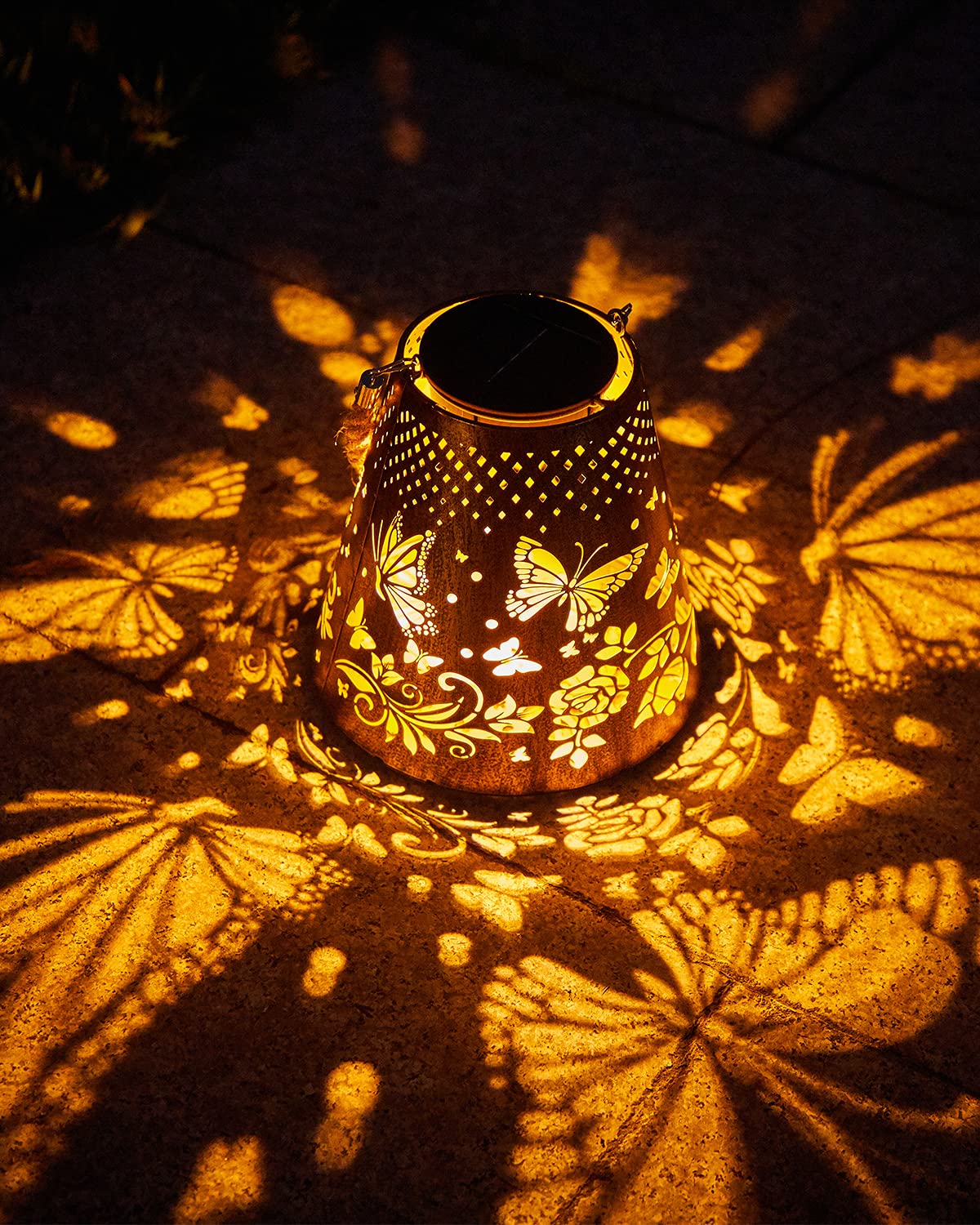 Birodeko Solar Lantern Outdoor Garden - Waterproof Large Hanging LED Lights, Warm White Retro Landscape Decorative Metal Lanterns for Patio, Yard, Pathway | Bronze, Butterfly
