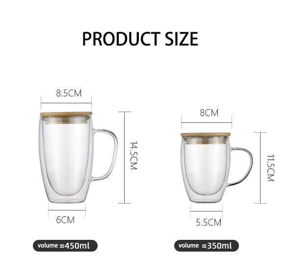 ALLYCE 15 Oz Double Walled Coffee Cups Glass Coffee Mugs Clear Coffee Mug with Lid Insulated Coffee Mug Perfect for Cappuccino,Tea,milk,Espresso,juice, Hot Beverage with Handle (15oz, with glass lid)