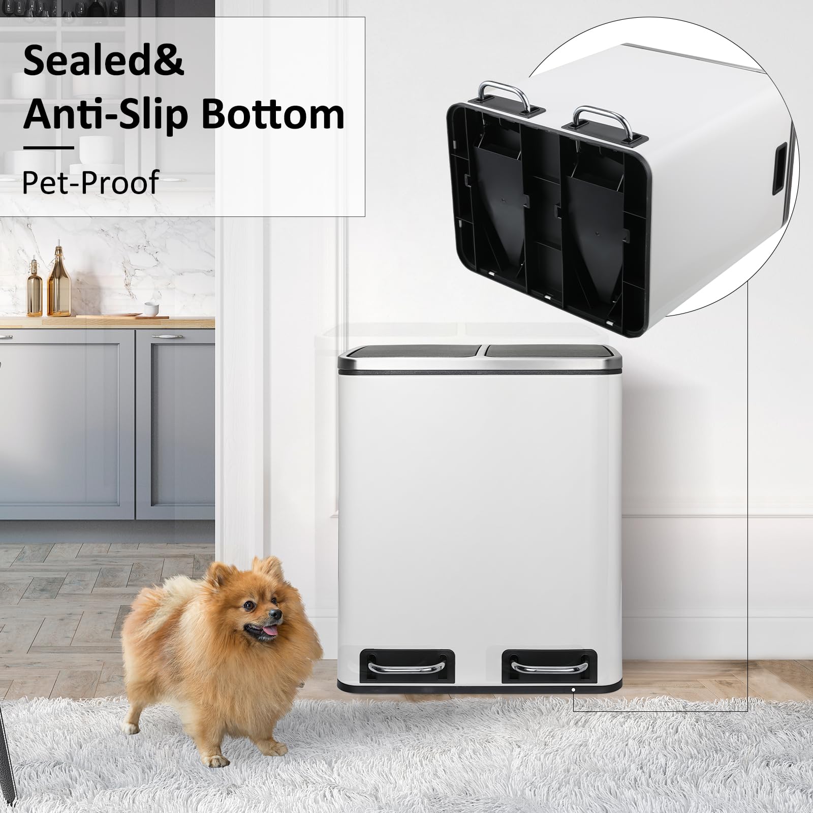 Arlopu 8 Gallon Dual Trash Can, 30L(2X15L) Stainless Steel Kitchen Garbage Can, Step-on Classified Recycle Garbage Bin with Removable Inner Buckets, for Kitchen, Living Room, Office (White)