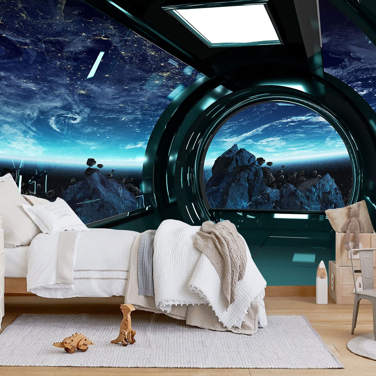 79x40 Inch Large Spaceship Wall Decal Outer Space Views from The Spaceship Removable Self-Adhesive Large Spaceship Wallpaper for Kids Bedroom Living Room Decor