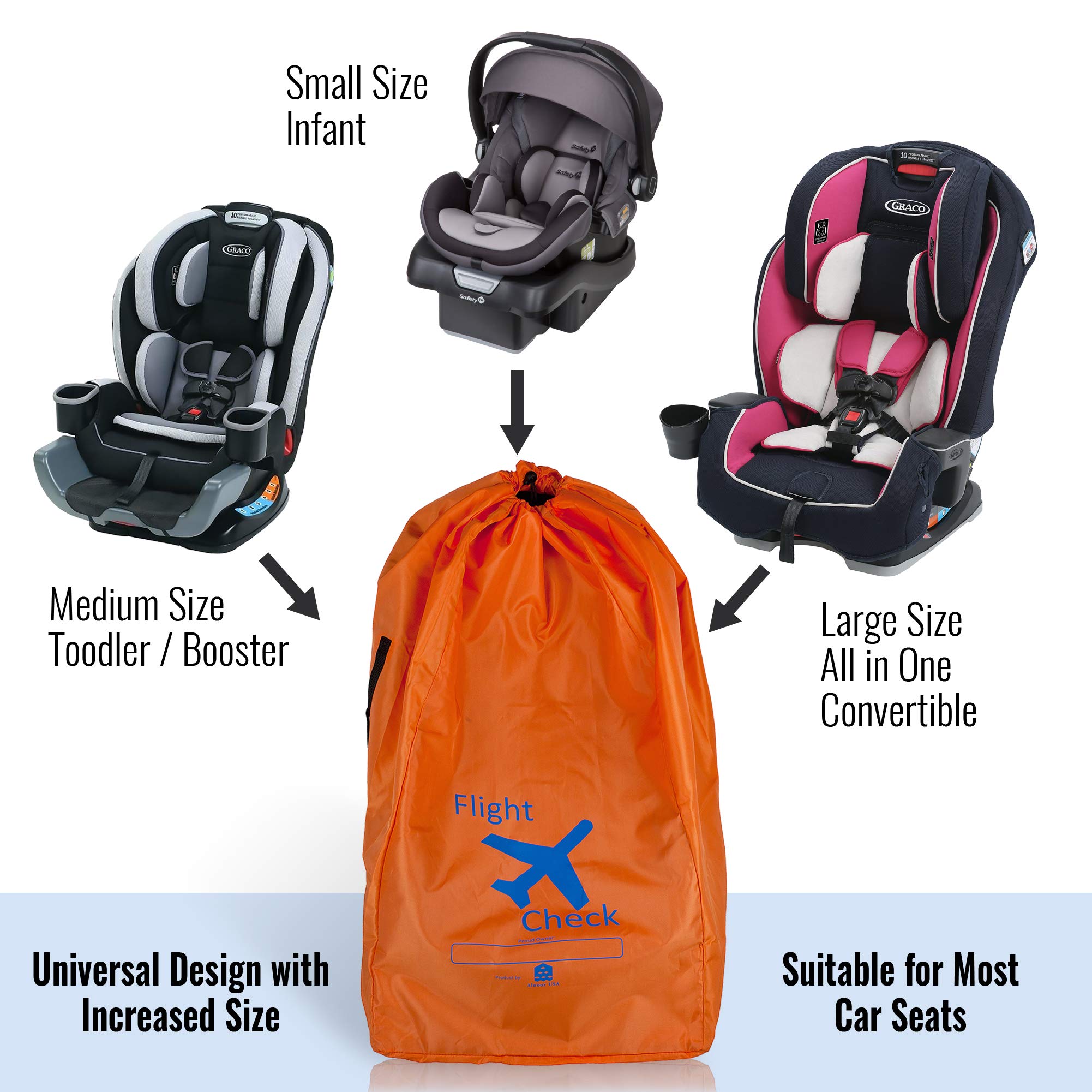 Car Seat Travel Bag and Carrier for Gate Check with Travel Pouch - Bright Orange with Blue Letters for Airport, Airplane Gate Check, Car Trips and Storage Double Backpack Straps | Carseat Bag for sto