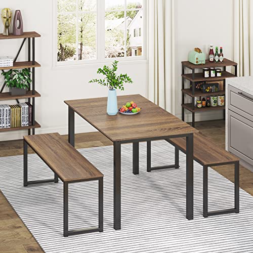 HOMOOI Dining Table Set for 4, 3 Pieces Kitchen Table with 2 Benches, Modern Wood Grains Table and Chairs Dinette Set for Home Kitchen, Dining Room, Restaurant, Industrial Brown