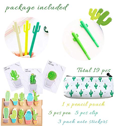 JeVenis 19 Pcs Cactus Ballpoint Pen Cactus Black Ink Writing Pens with Cactus Pencil Pouch Cactus Clip Cactus Notes Sticker for Office Home Supply Gift