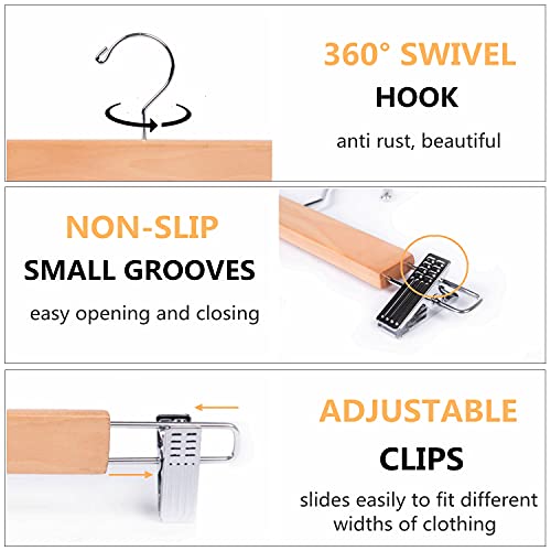 Amber Home 14.17" Solid Natural Wooden Pant Skirt Hangers 10 Pack, Bottom Hangers for Slacks Trousers Jeans with 2-Adjustable Anti-Rust Clips (Natural, 10 Pack)