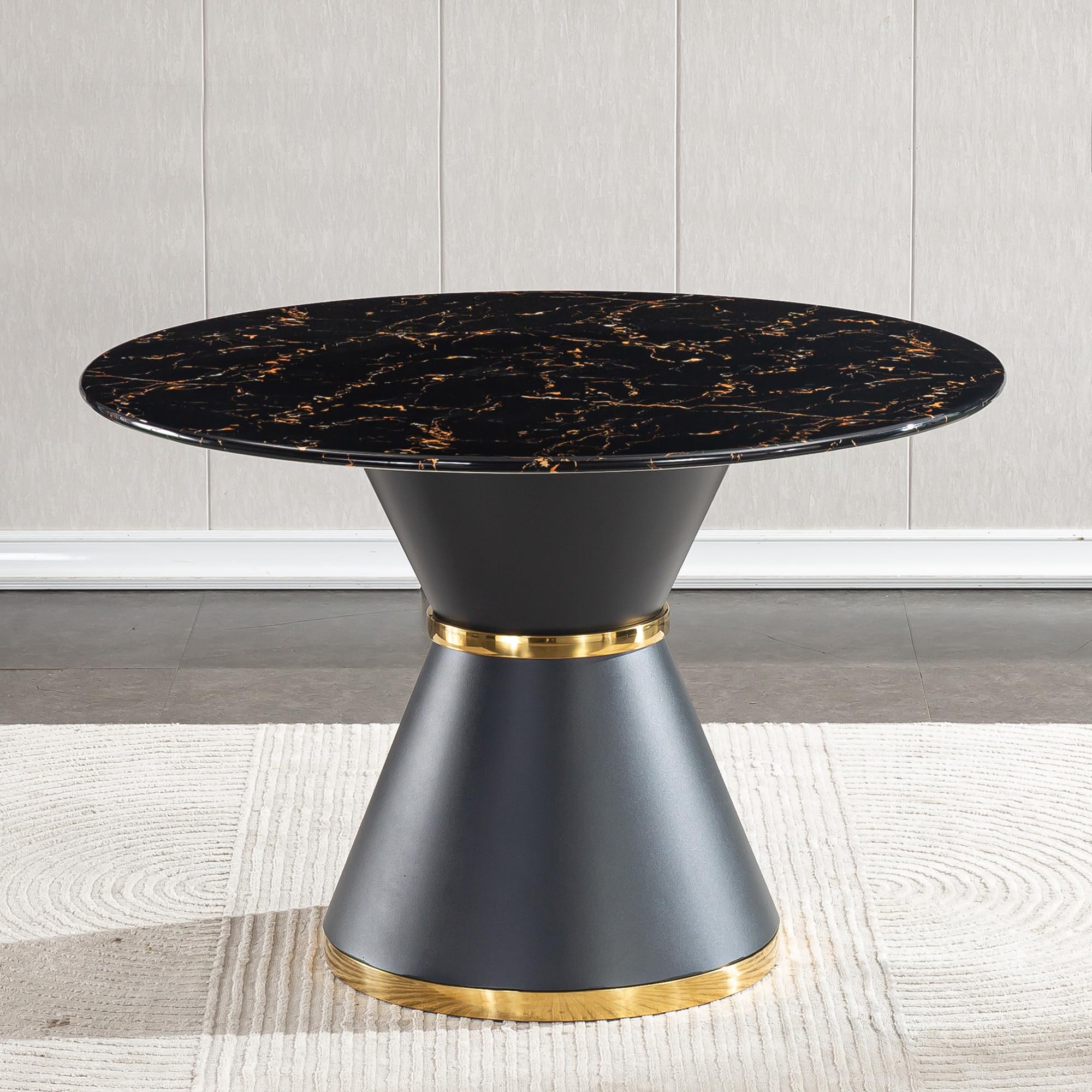 5-Piece Dining Table Set, Compact Modern Table & Chair Set for Home, Apartment w/ 4 PU Learther Dining Chairs, 47'' Round Dining Table with Faux Marble Tabletop (Black Table+4 Black Chairs)