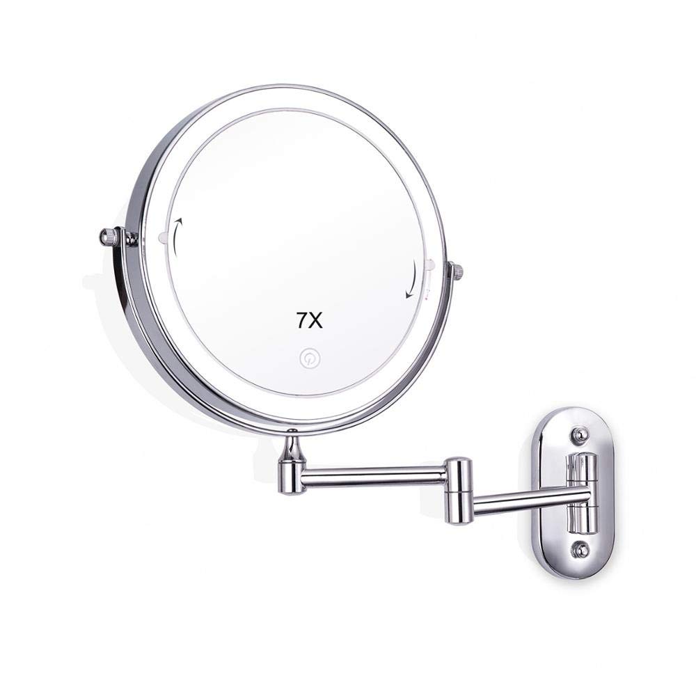 8 Inch Makeup Mirror, 7X Wall Mounted Magnifying Vanity Mirror with Lights 360 Degree Rotation Adjustable Extending Folding Bathroom Mirror for Dressing Table, Makeup Room