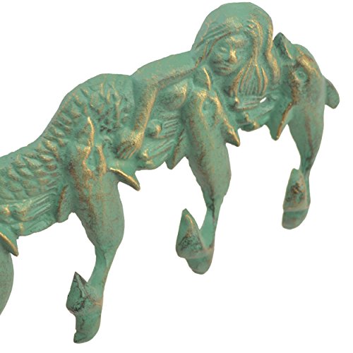 Cast Iron Wall Hook Rack Mermaid & Dolphins 7.25" Wide
