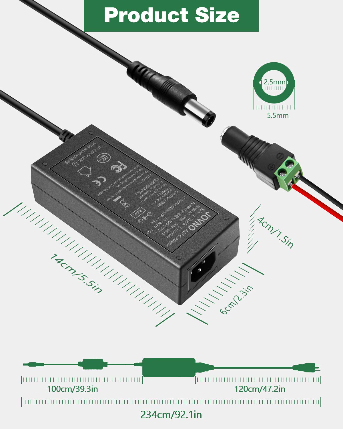 JOVNO 5V 15A Adapter, 100-240V AC to DC 5 Volt 15 Amp 75W Power Supply, 12A 10A 9A 8A Converter RGB LEDs Driver 5.5x2.5mm Tip 7.5ft Cord for Christmas Lights WS2812B WS2811 WS2813 SK6812 LED Strips