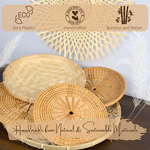 b.spoke Hanging Wall Basket Decor β Set of 6 Handmade Decorative Boho Woven Wall Baskets - Round Natural Bamboo, Wicker, Rattan Wall Decor for Your Home