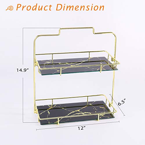 Simmer Stone Makeup Organizer Shelf, 2 Tier Cosmetic Storage Basket with Removable Glass Tray, Wire Vanity Organizer Rack for Dresser, Countertop, Bathroom and More, Gold