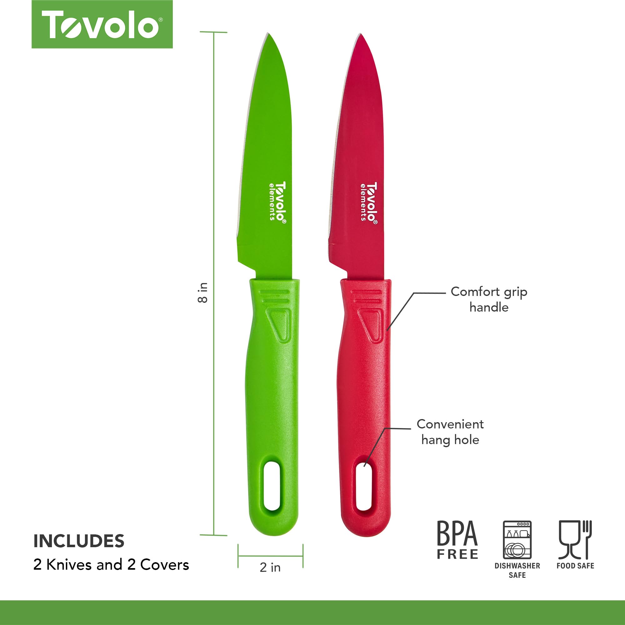Tovolo 8", Set of 2 Paring Protective Blade Covers, Stainless Steel Kitchen Knives with Comfort-Grip Handles for Cutting & Slicing, Large, Chili Pepper/Lime