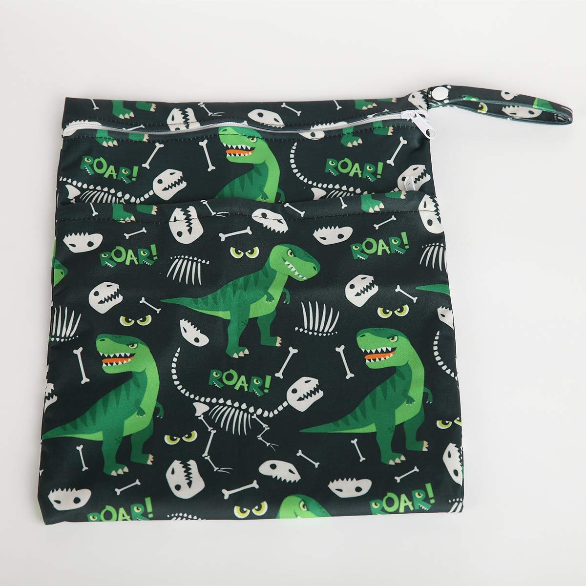 Sigzagor Wet Bag Baby Cloth Diaper Nappy Bag Reusable With Two Zippered Pockets Boys (Green Dinosaur)
