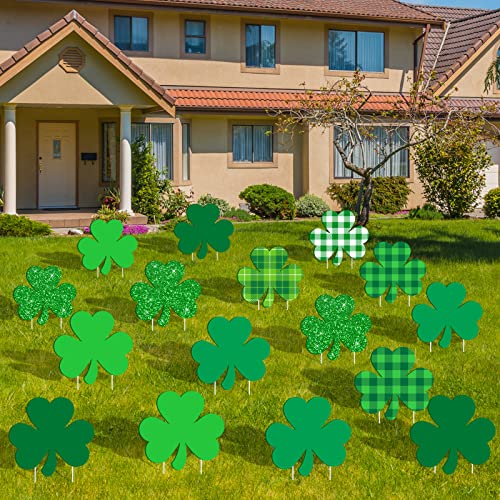 ADXCO 16 Pieces St. Patrick's Day Yard Signs Waterproof Shamrock Yard Signs with Stakes 2 Styles Green Plaid Glitter Outdoor Lawn Walkway Decorations for St. Patrick's Day Party, Home, Garden