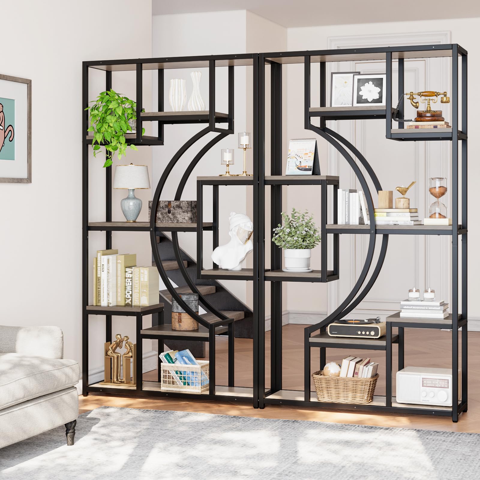 70.8 in Tall Book Shelf for Living Room, Set of 2 Display Shelves with 18 Open Storage Shelves, 79 in Wide Etagere Bookcase/Bookshelf with Metal Frame for Home Office, Gray Wash