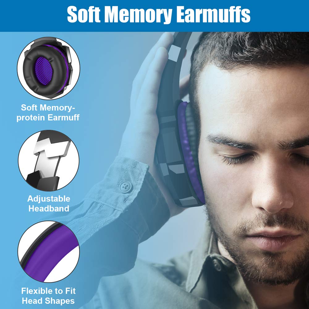 BENGOO Stereo Gaming Headset for PS4, PC, Xbox One Controller, Noise Cancelling Over Ear Headphones Mic, LED Light, Bass Surround, Soft Memory Earmuffs for Laptop Mac Nintendo Switch Games - Purple