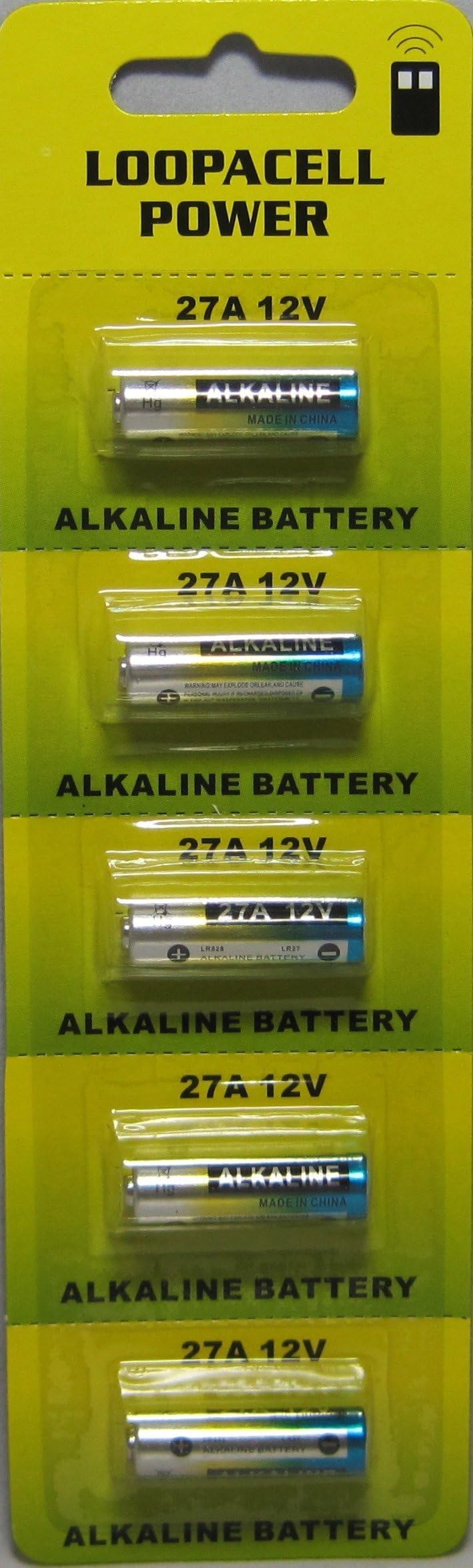 LOOPACELL 27A 12V Alkaline Battery (Pack of 5) - Long Lasting, Leakproof MN27 Battery for Garage Door Openers, Key Fobs, Heated Socks, Ceiling Fan Remote Control, Alarm Remote Control & More