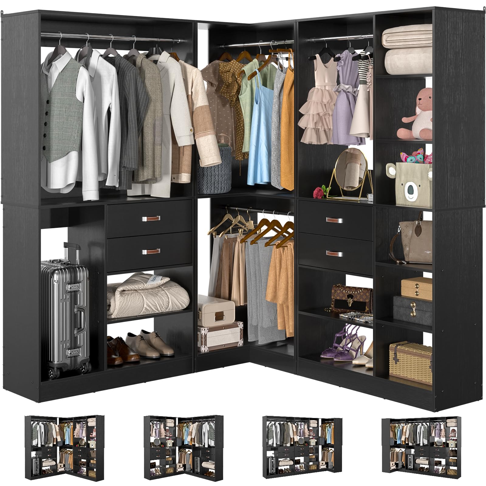 armocity Freestanding Closet System with 3 Sets, 110'' Reversible Stand-alone Wardrobe, 80'' Height Cloth Garment Organizer, Walk-in Closet with Hanging Rod, 71" Lx71 Wx80 H, Load 2500 LBS, White Oak