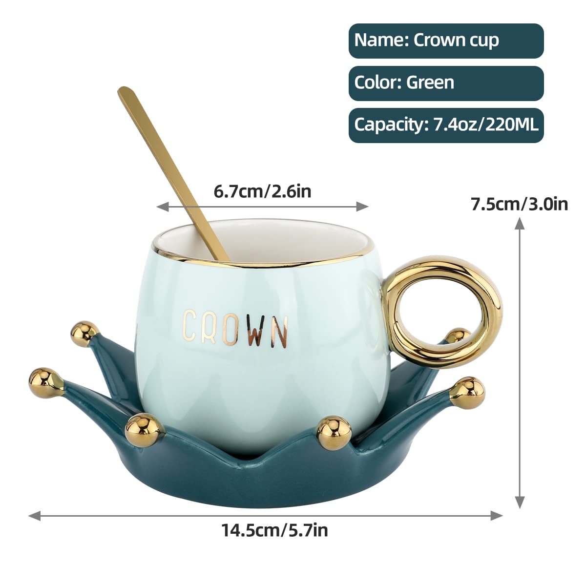 7.4 OZ Mug Ceramic Coffee Cup with Crown Saucer & Spoon, Christmas Gifts Mom Birthday Gifts Mother's Day for Mother,Espresso Coffee mug Tea cup (green)