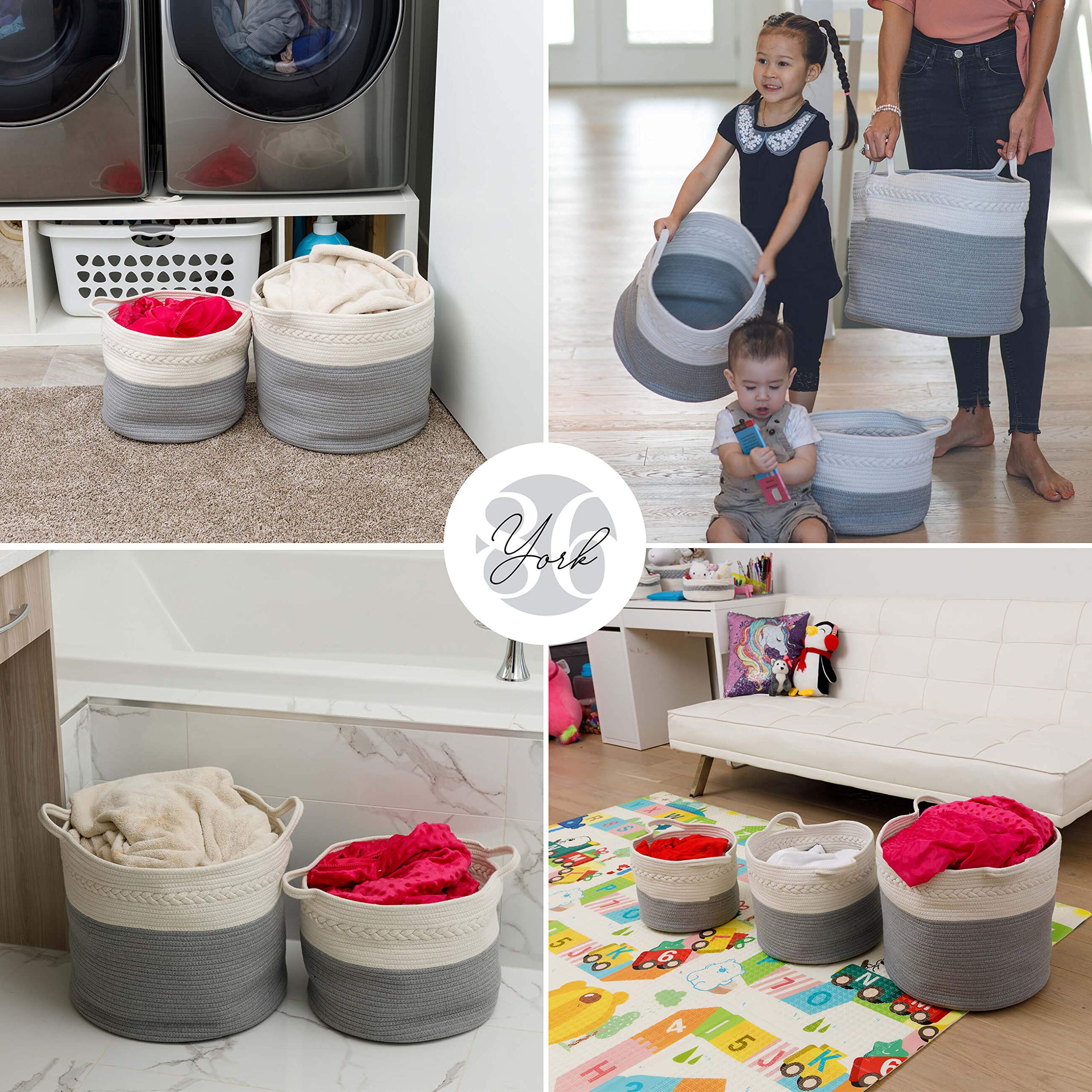3 Pack Woven Rope Basket Set - Small Medium & Large Organic Woven White & Gray Cotton Rope Baskets, Durable Materials with Soft Rope Handles. Great for Laundry, Toys, Towels, Bedding & Nurseries