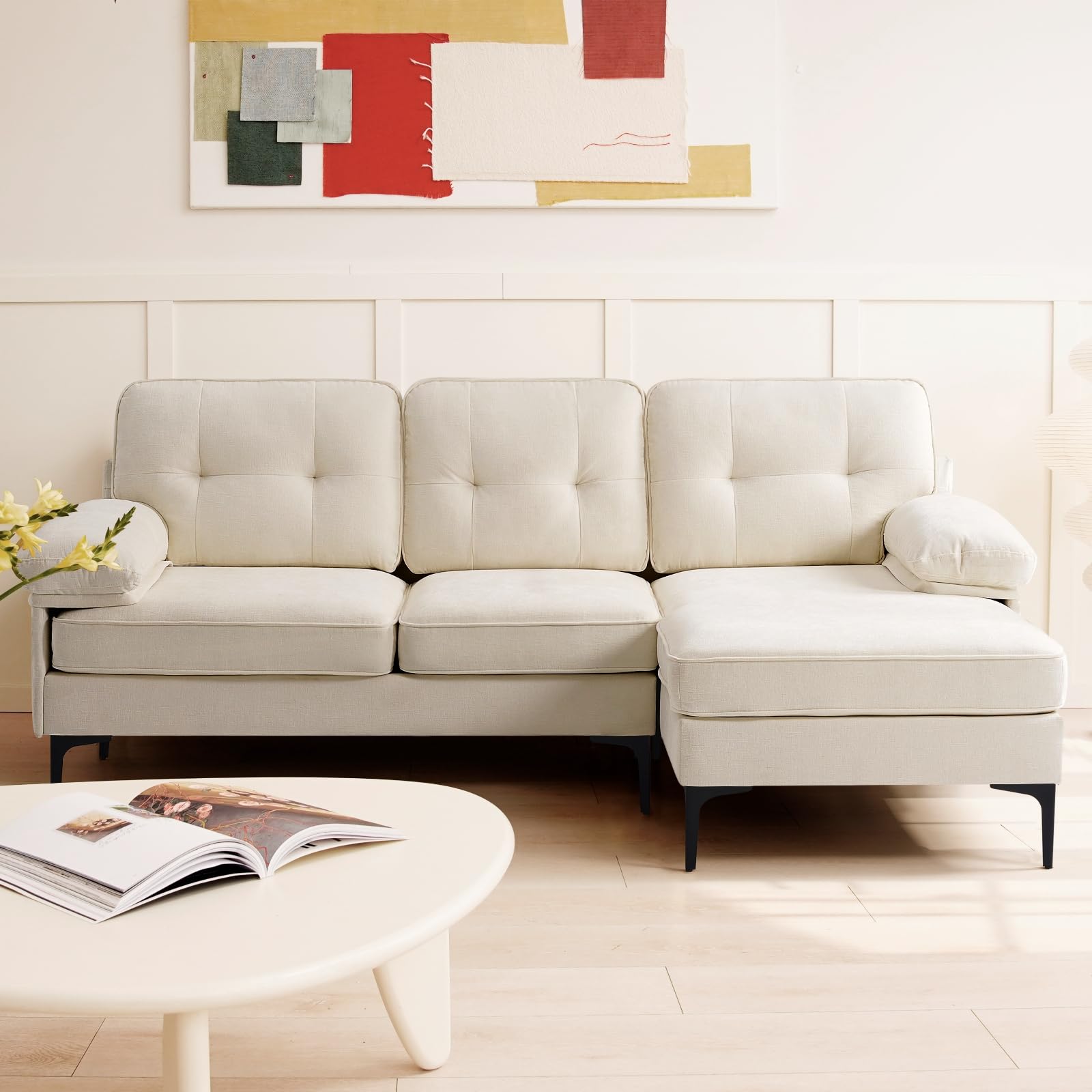 AJABEST 83" Chenille L-Shaped Modular Sofa,Convertible Sectional Upholstered 3 Seater Small Cloud Couch for Living Room with Reversible Chaise Lounge,White