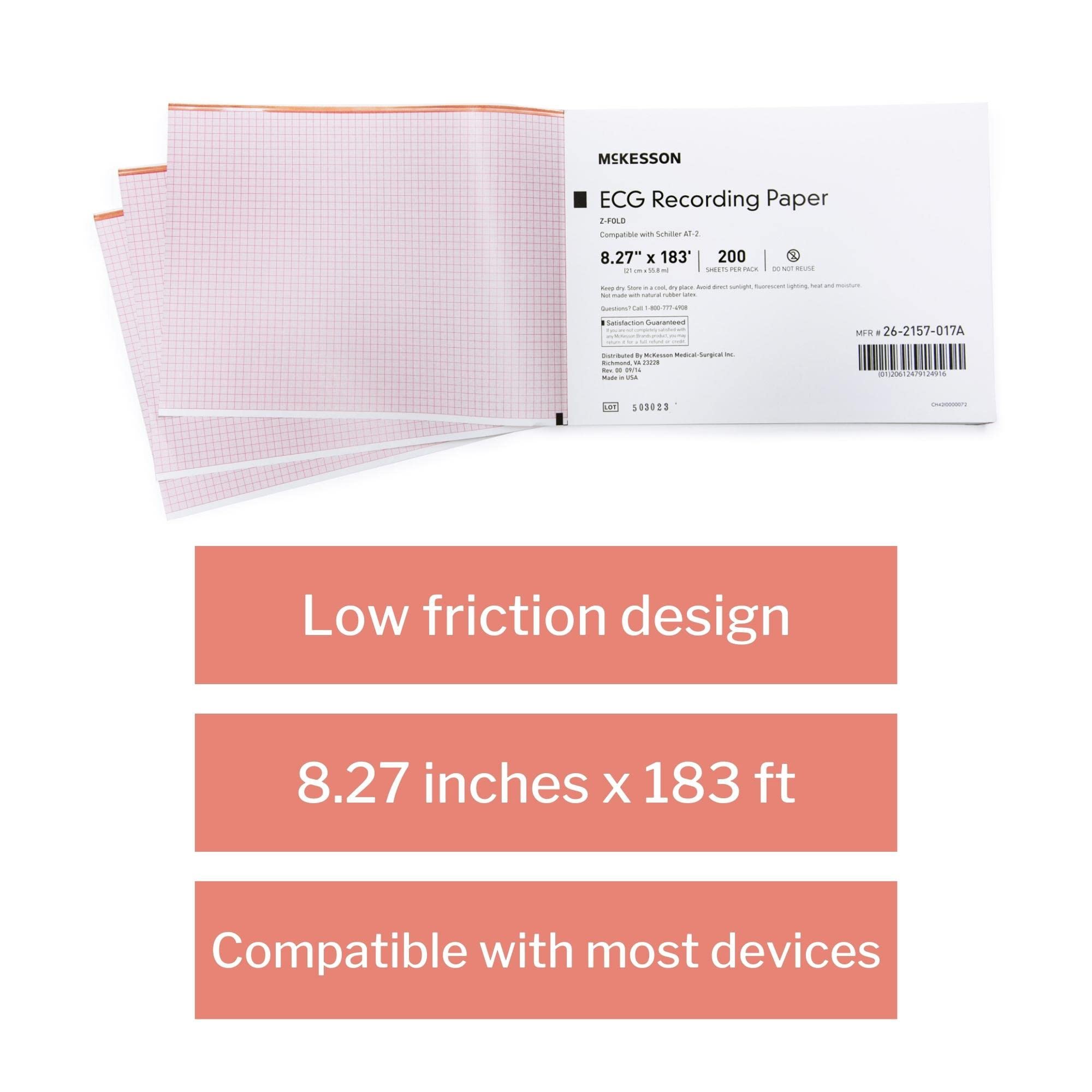 McKesson ECG Recording Paper, Red Grid Thermal Paper, 8.27 in x 138 ft, 200 Count, 1 Pack