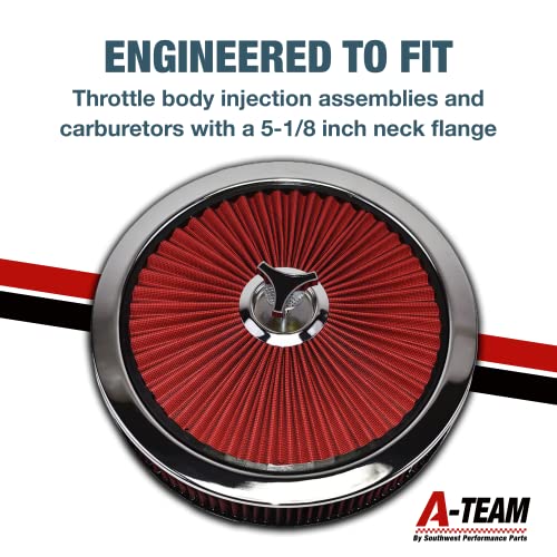 A-Team Performance - High Flow Replacement Air Cleaner Assembly w/Flow-Thru Lid Washable and Reusable Round Air Filter Element Kit with Star Wing Nut - Compatible with Chevrolet GMC Ford 14"x3" Red