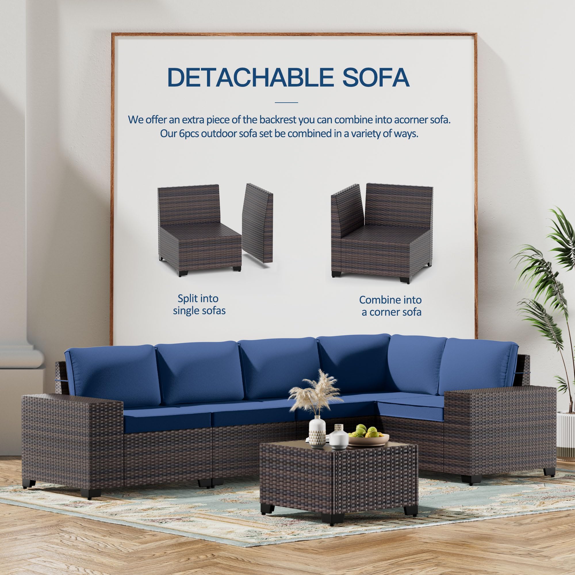 Kullavik 6PCS Outdoor Patio Furniture Set PE Wicker Rattan Sectional Sofa Patio Conversation Sets,Navy Blue