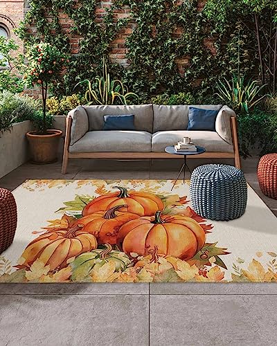 Fall Pumpkins Outdoor Area Rug 4'x6',Patio Balcony Porch Front Door Camping Camper Deck Runner Rug,Washable Carpet Indoor Living Room/Kitchen Floor Mat Thanksgiving Autumn Retro Eucalyptus Leaves