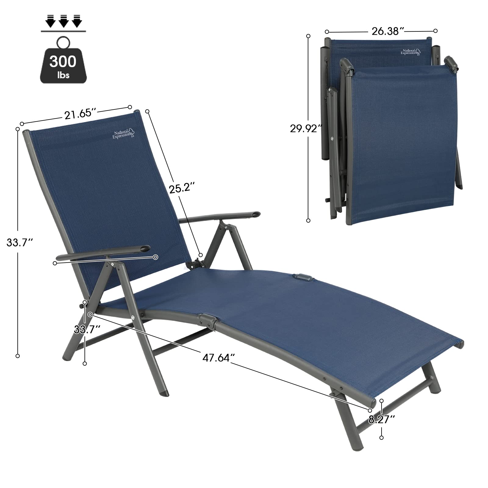 NATURAL EXPRESSIONS Chaise Lounge Outdoor, Aluminum Pool Lounger Chairs Portable Folding Patio Recliner Chair with 7 Position Adjustable Backrest for Beach, Backyard, Poolside,Lawn Supports 300 lbs