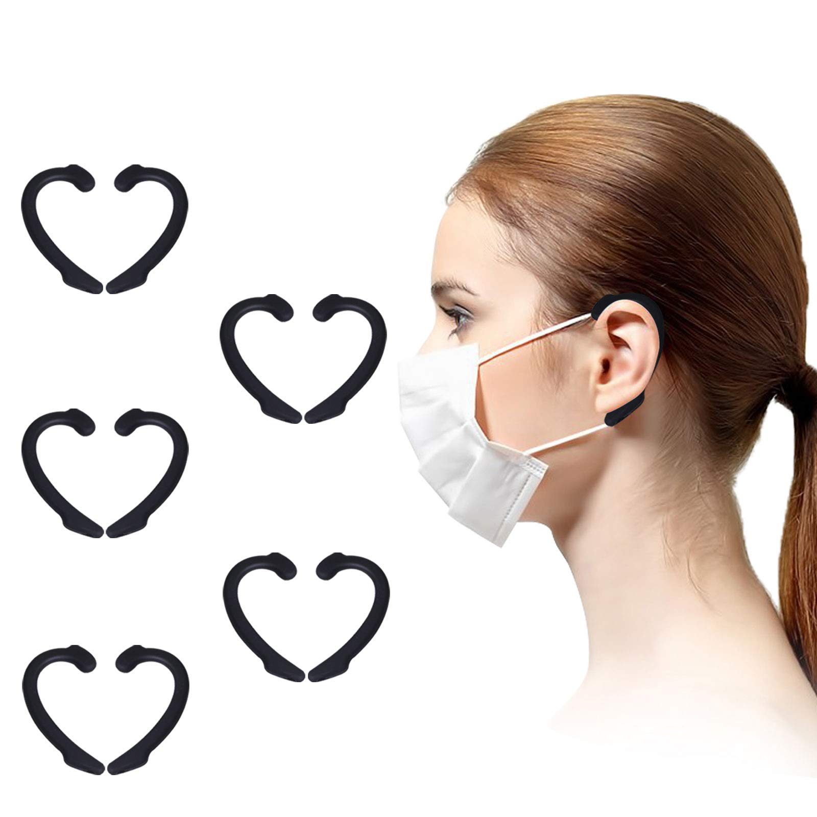 5 Pairs Mask Ear Protector,Ear Protectors Hook,Ear Savers for Masks, Reusable Ear Protection Caps, Silicone Mask Ear Protectors, Soft Ear Hook for Adult & Kid (Black)