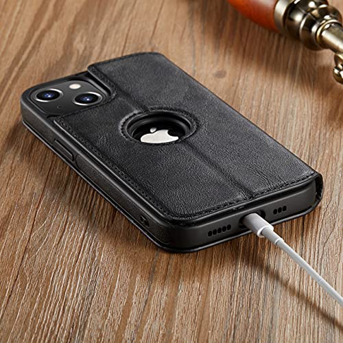 Casus Logo View Compatible with iPhone 13 Wallet Case Slim Magnetic Flip Cover Faux Leather with Card Holder Slot Thin Kickstand (2021) 6.1" (Black)