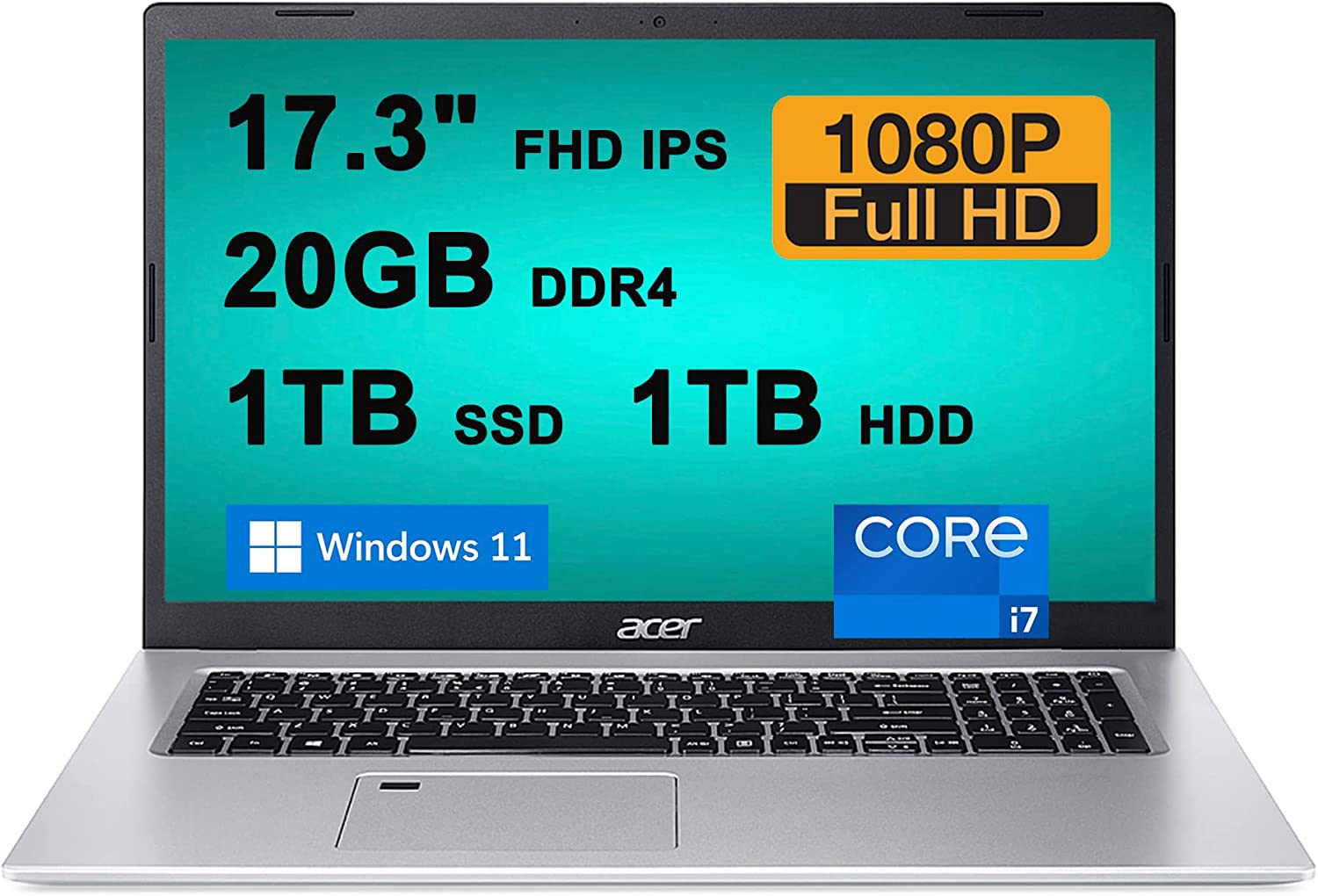 Acer 2023 Newest Aspire 5 Laptop, 17.3 inch FHD IPS Display, Intel Core i7-1165G7 Processor, 20GB RAM, 1TB SSD+ 1TB HDD, Intel Iris Xe Graphics, Wi-Fi 6, Windows 11 Home, Bundle with JAWFOAL