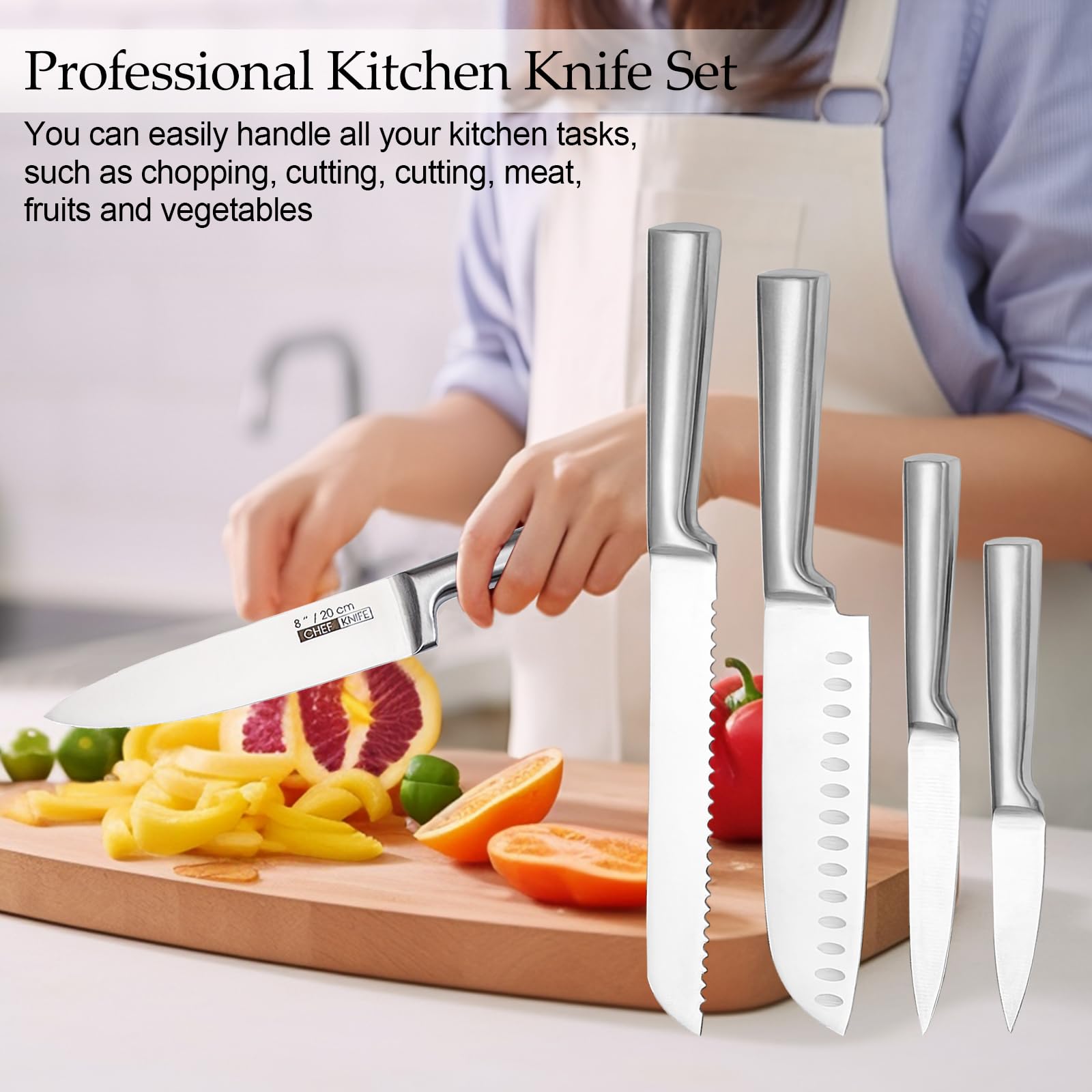 RETROSOHOO Kitchen Knife Set, 5-Pieces Classic Carbon Stainless Steel Knife Set with Ergonomic Handle, Sharp Professional Chef Knife Set for Cooking, Kitchen Knife Set with Gift Box (Silver)