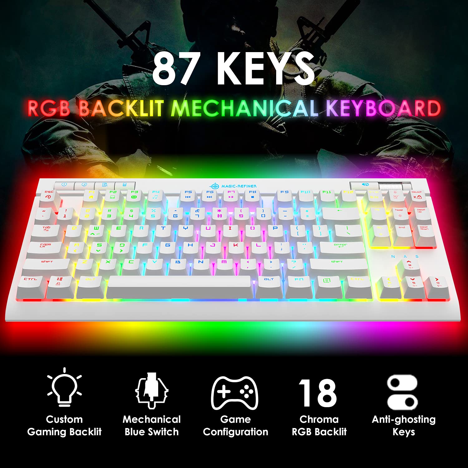 ZIYOU LANG Mechanical Gaming Keyboard,Chroma RGB 18 Kinds LED Backlit Keyboard with Wired Type C,87 Keys Anti-ghosting,Blue Switch and 4 Low Profile Switch Scroll Wheel for PC Gamers
