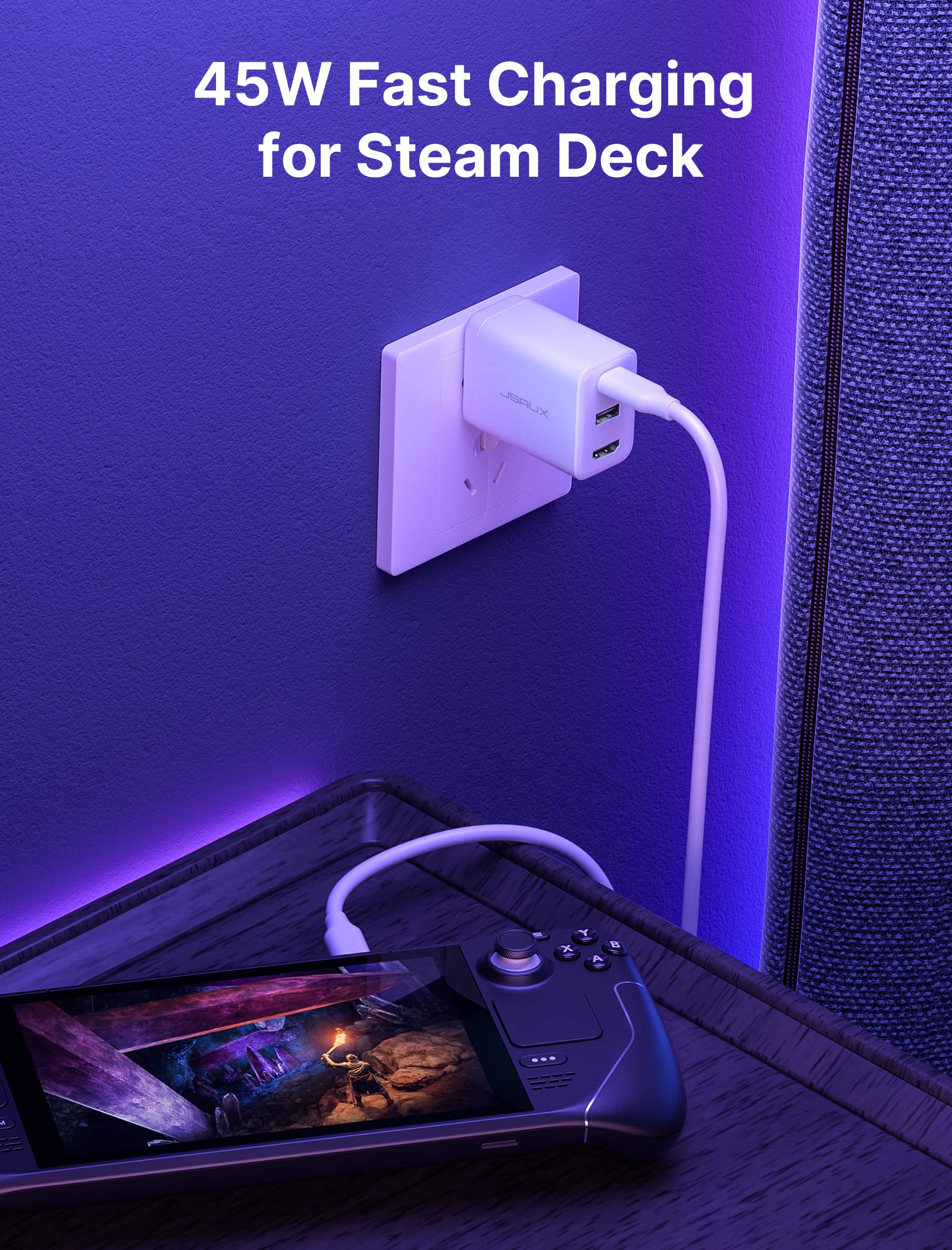 45W Charger Dock for Steam Deck, JSAUX 3-Port Dock Station [USB-C/USB-A/4K HDMI] with 3.3FT USB C 3.1 Cable, Foldable AC Charger Adapter Compatible with Steam Deck, Switch, MacBook, iPad and Samsung