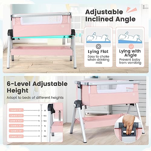 BABY JOY Bassinet, Portable Bedside Crib w/Mattress, Storage Basket, Built-in Pulleys, Adjustable Height & Travel Bag, Bassinet Bedside Sleeper for Newborn Infants (Pink)