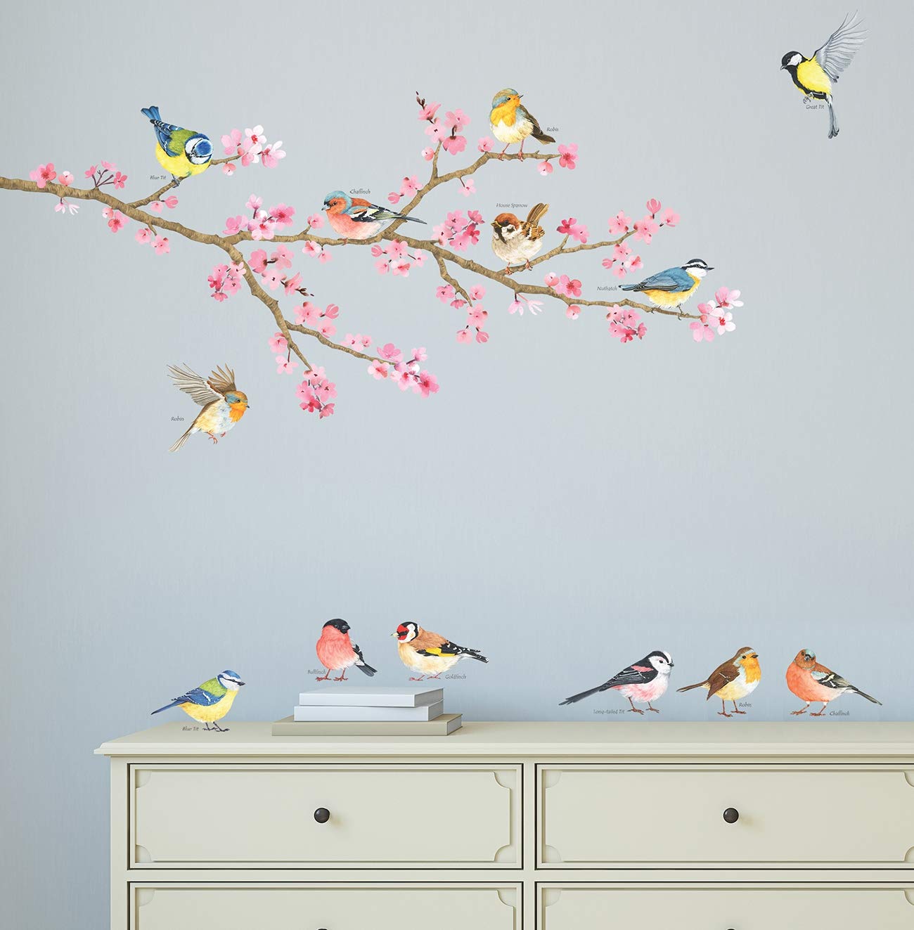 DECOWALL DWL-1904 Cherry Blossom Garden Birds Kids Wall Stickers Wall Decals Peel and Stick Removable Wall Stickers for Kids Nursery Bedroom Living Room d?cor
