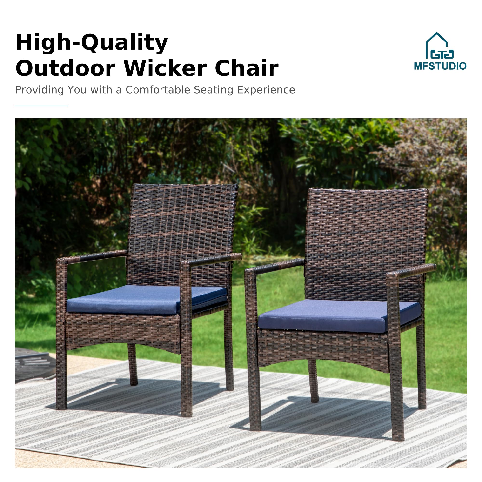 MFSTUDIO Patio Brown Woven Wicker Chairs Set, Oversized Outdoor Patio Wicker Rattan Dining Chairs Set of 4 with Extra Wide Seat, 4 Patio Resin Chair Sets with Armrests and Cushions, 330lbs