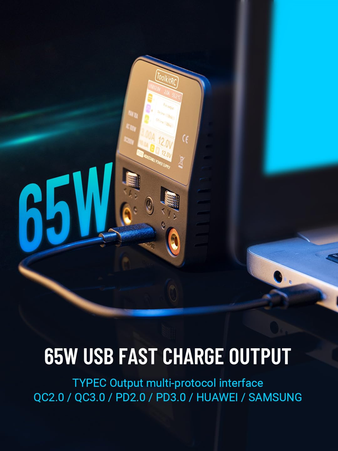 NEW ToolkitRC P200 V2 Mini 30V Supply AC100W DC200W 10A GaN Adjustable Mini Desktop Power Supply USB Output 4.0mm banana female port with TypeC 65W Output fast charging