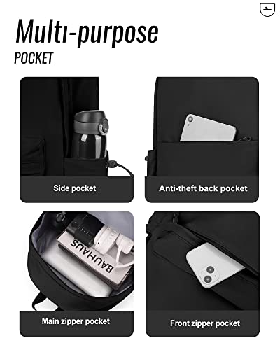 Black Backpack for Women Men, Waterproof High School Bookbag,Lightweight Casual Travel Daypack,Classic Basic College Backpack,Middle School Bag for Teen Girls Boys