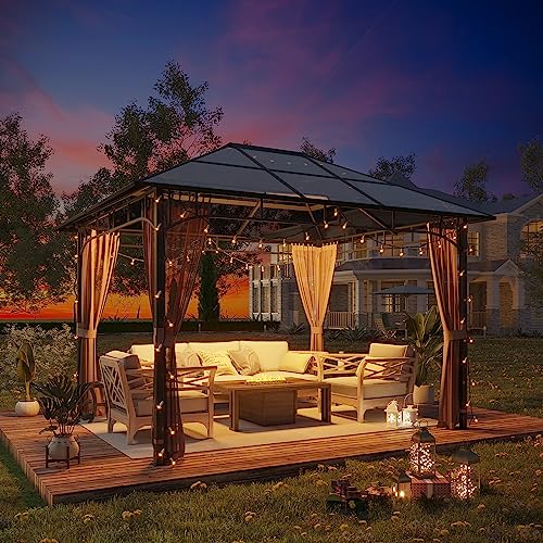 LATTOY 10' X 12' Permanent Hardtop Gazebo, Outdoor Polycarbonate Roof Pavilion Pergola Canopy for Patio, Garden